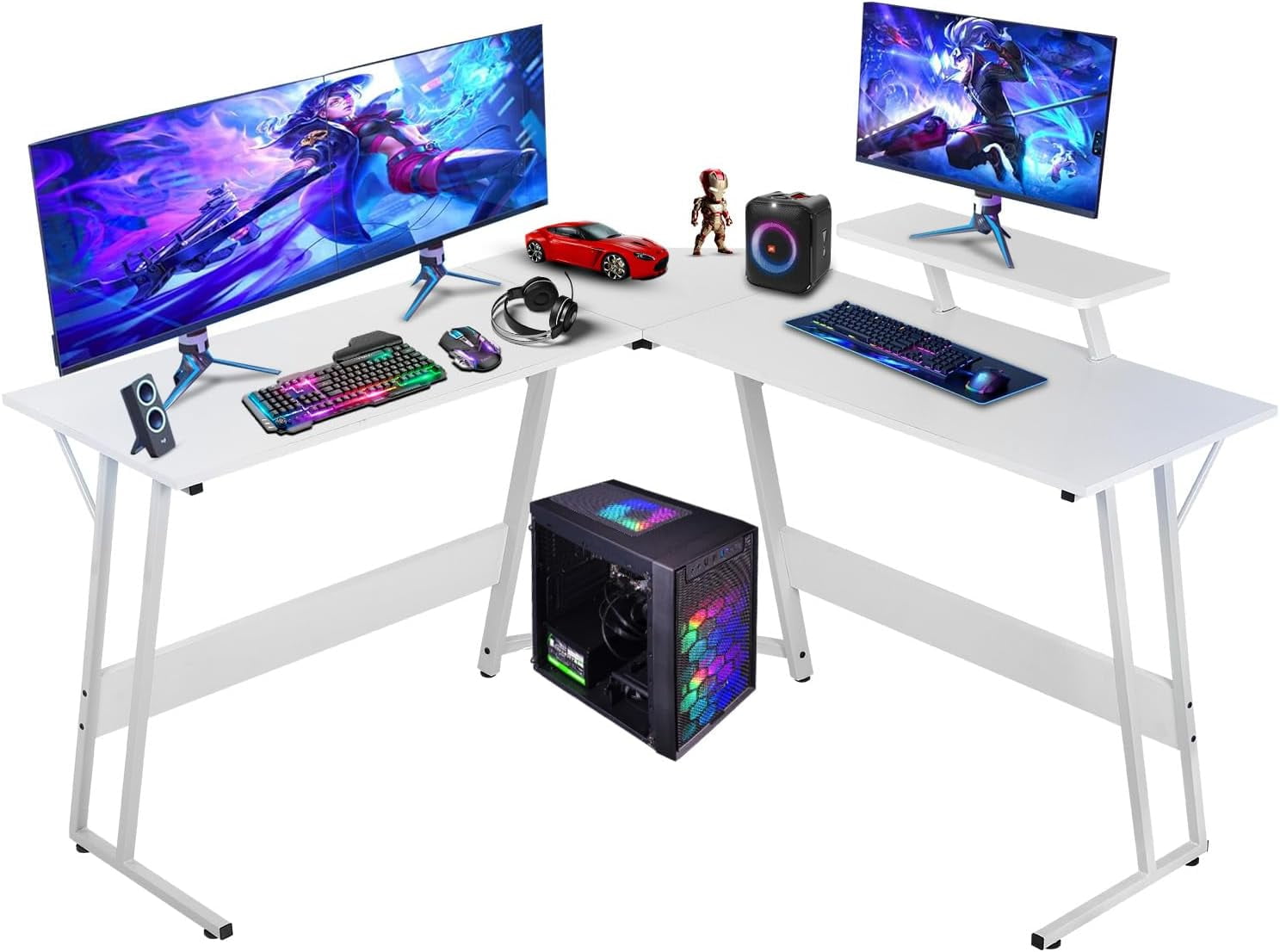 L Shaped Gaming Desk with Carbon Fiber Desktop & Large Monitor Stand ...