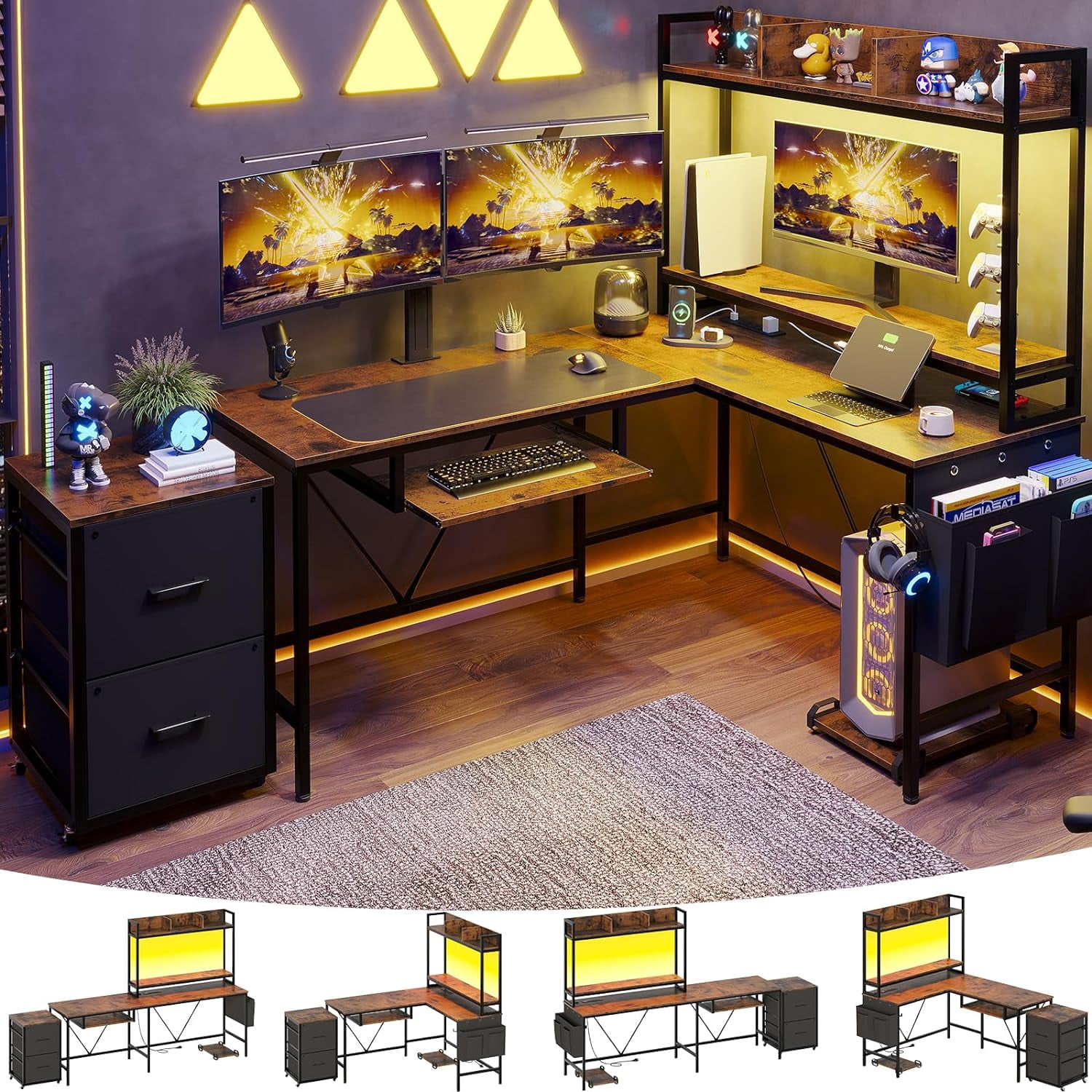 L Shaped Gaming Desk with Keyboard Tray, Reversible,Power Outlet Brown ...