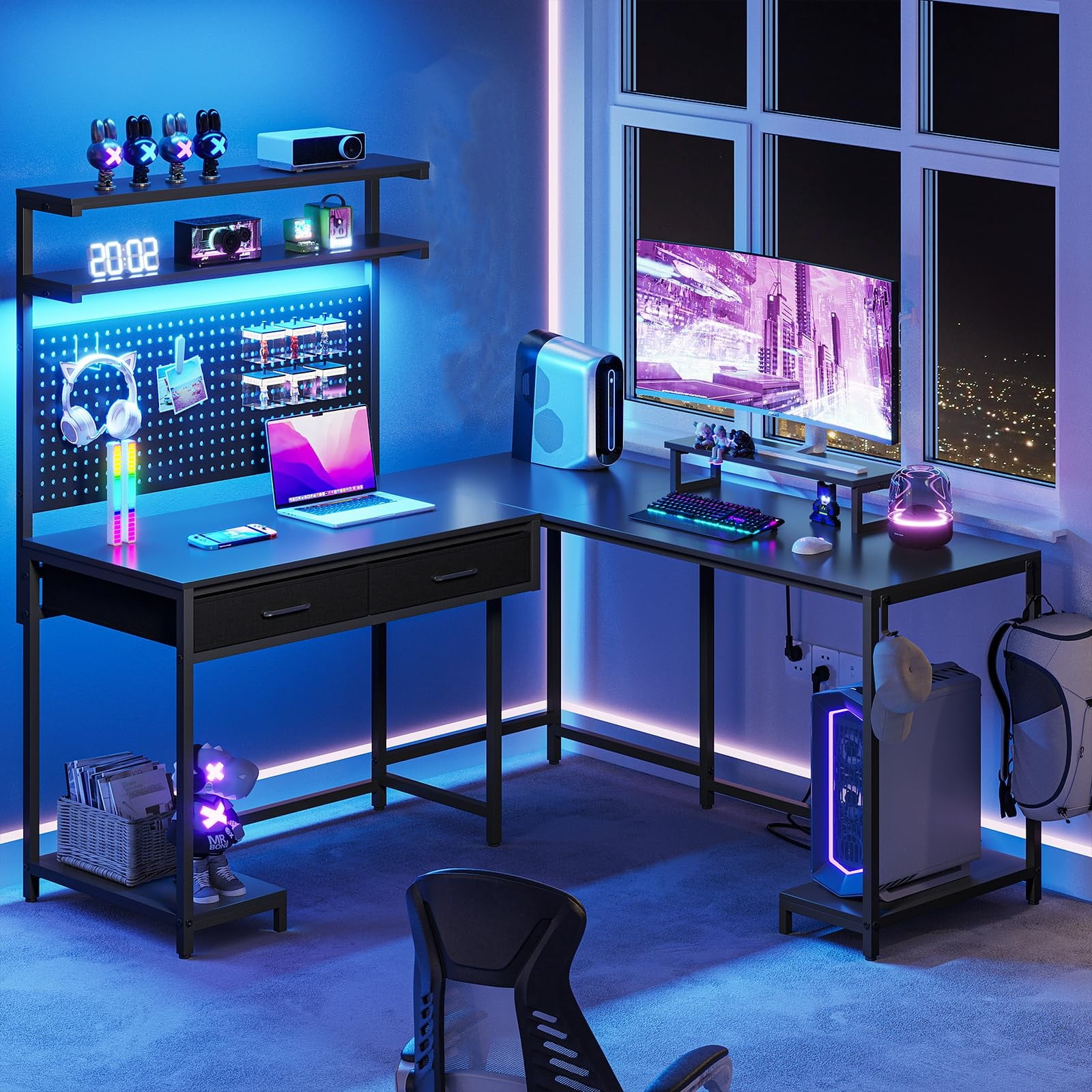 L Shaped Gaming Desk with LED Lights and Drawers, Computer Desk with ...