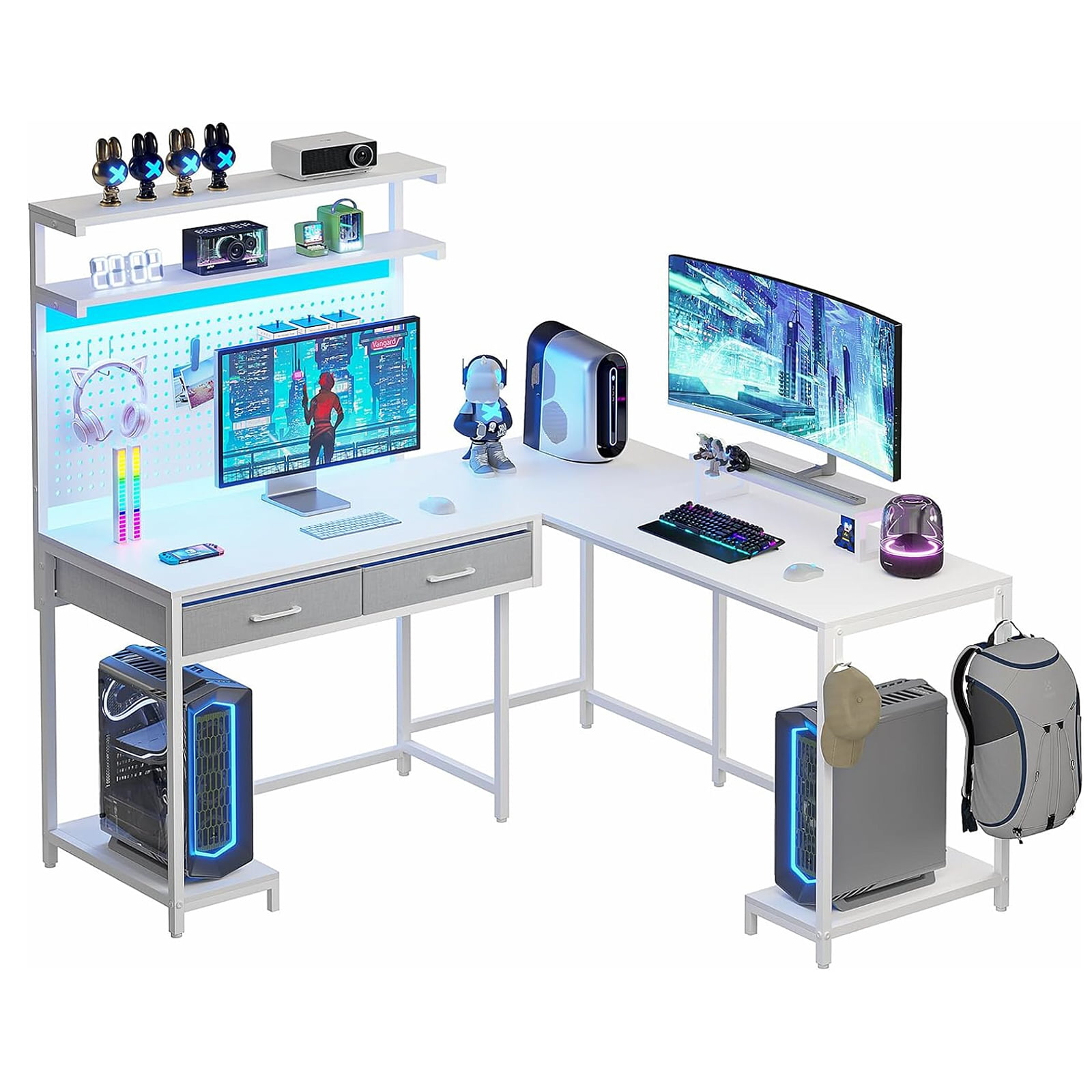L Shaped Gaming Desk with LED Lights Home Office Computer Desk with Multiple Storage White Walmart