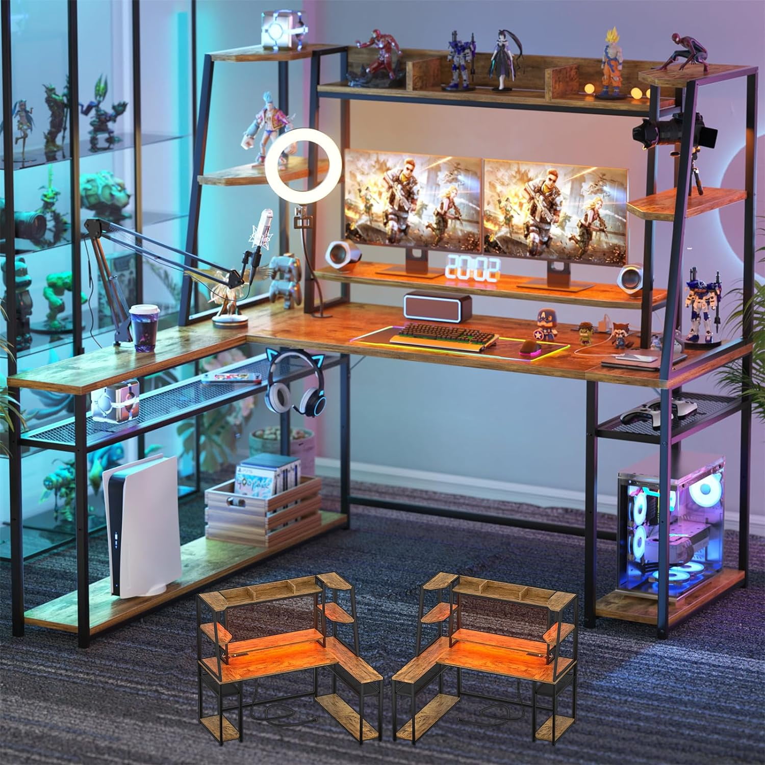 L Shaped Gaming with Hutch & Shelves 47'' Gaming Computer with LED ...