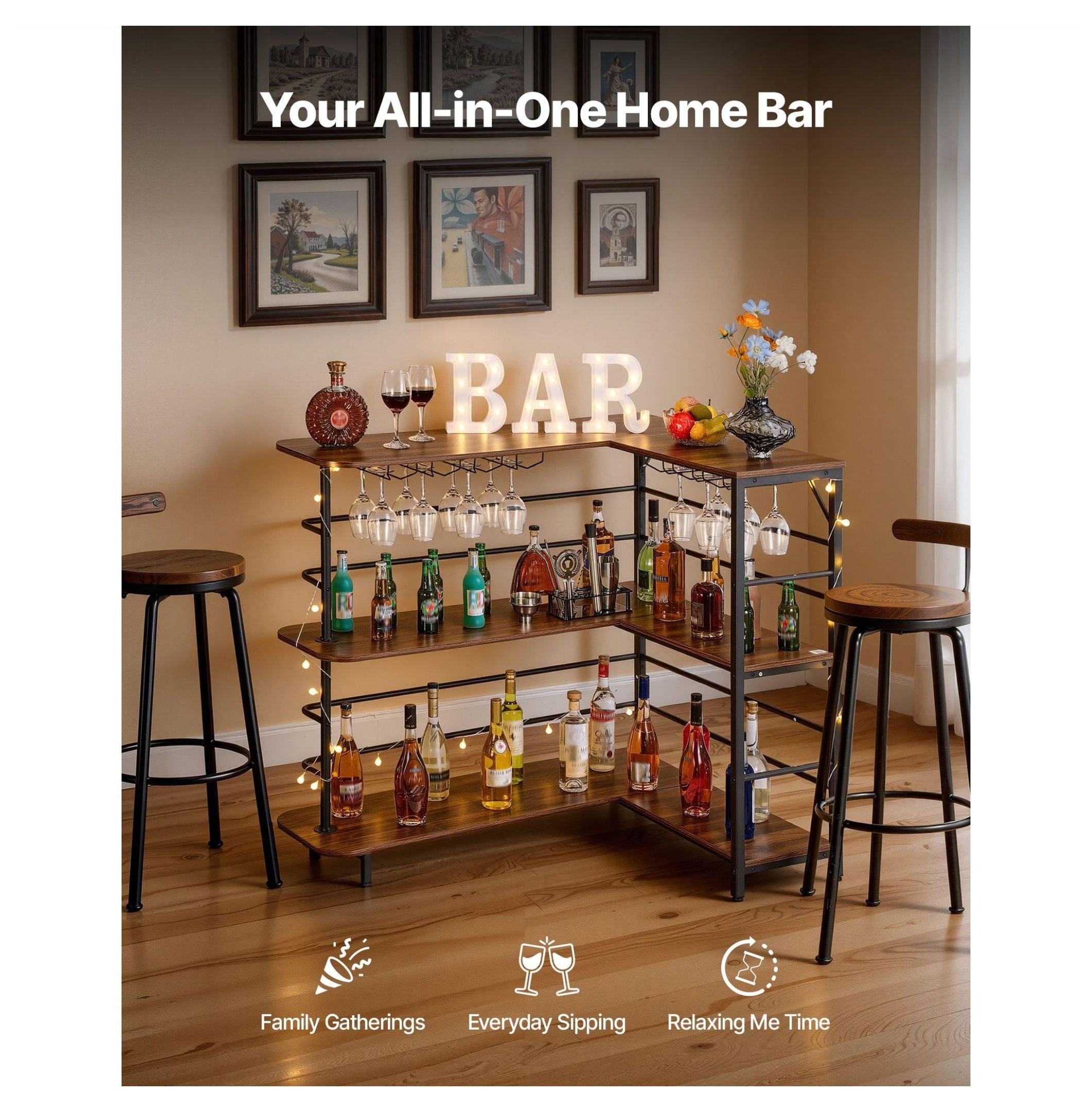 L-Shaped Home Bar Cabinet Wine Rack 3-Tier Storage Shelves LED Light ...