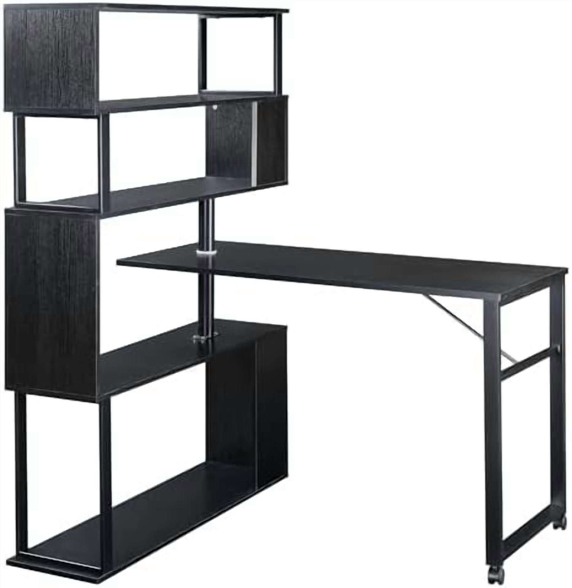 L-Shaped Home Office Computer Desk with Rotating Corner Table, 5-Tier Bookshelf, Lockable ...