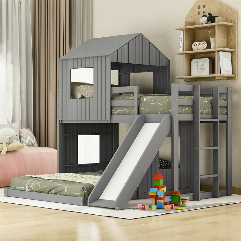 L Shaped House Bunk Bed with Slide Roof 4 Windows Solid Wood Twin Over Full Bunk Bed Frame with Full Length Guardrails and Ladder Multifunctional Loft Bunk Bed No Box Spring Needed