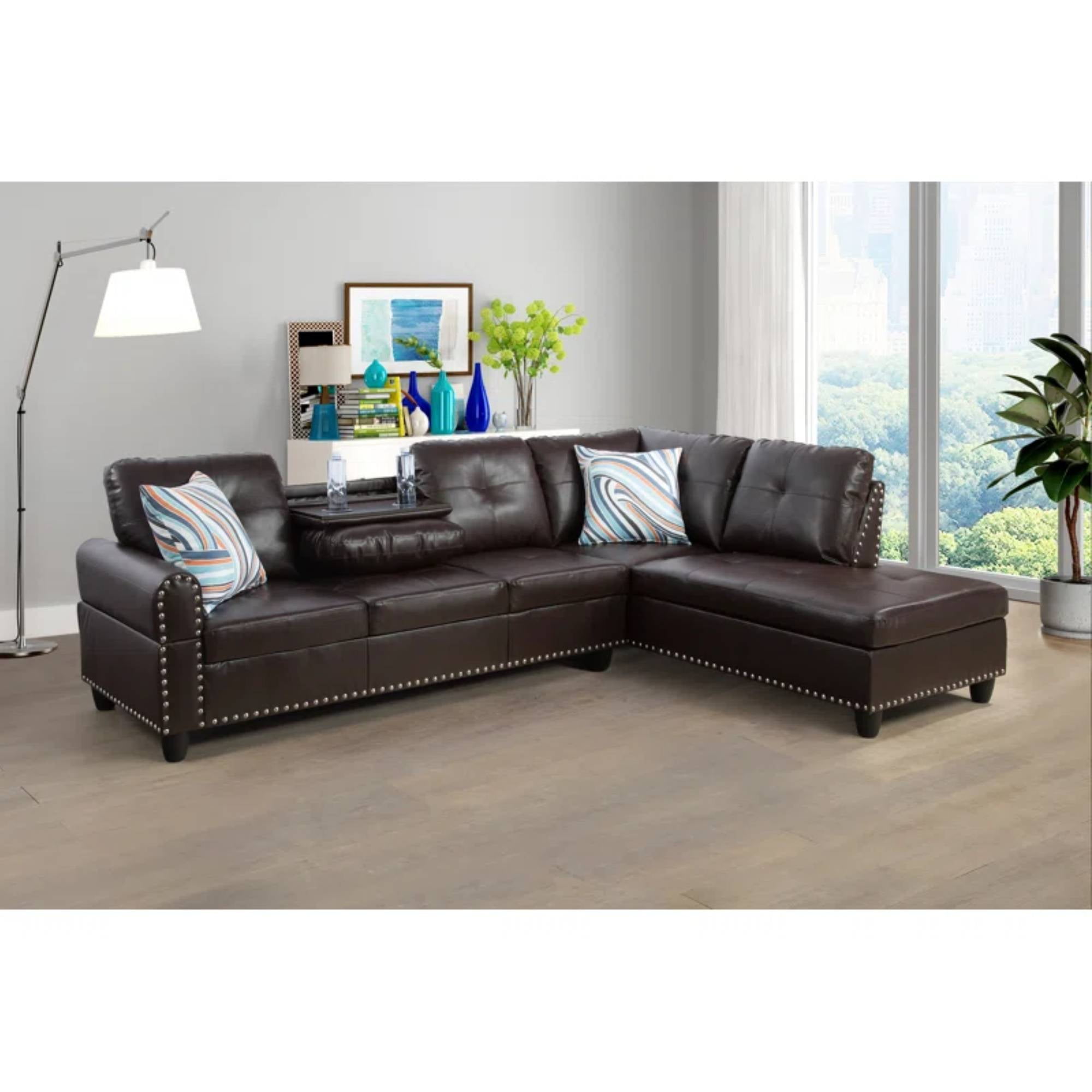 L-Shaped Leather Sectional Sofa with Chaise, Modular Tufted Couch Nail ...