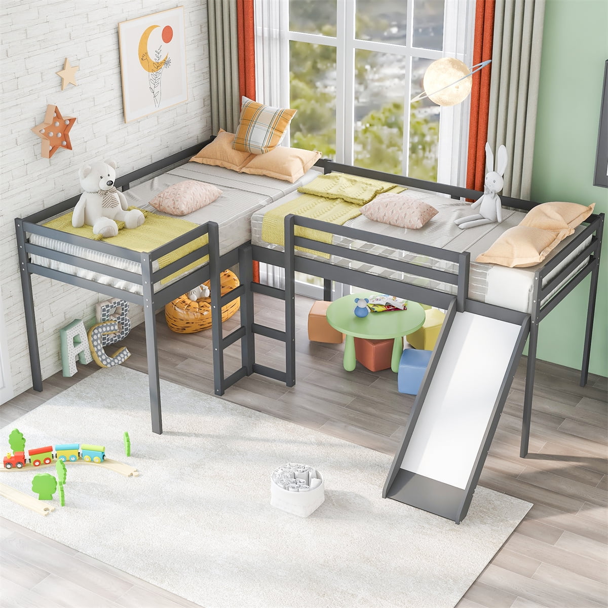 L-Shaped Loft Bed with Slide and Ladders, Solid Wood Bed Frame, Wooden ...