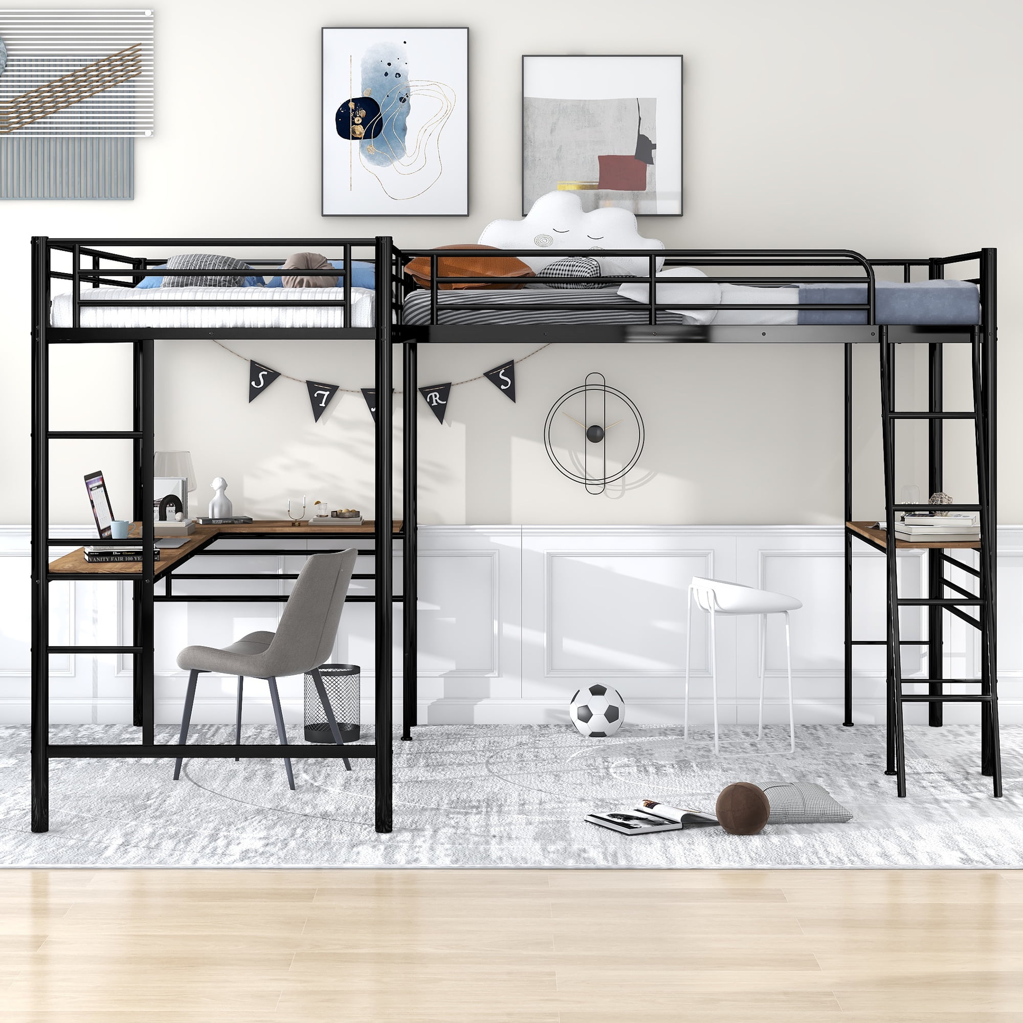 L Shaped Loft Bed with Ladder, Metal Twin Corner Bed with Two Built-in ...