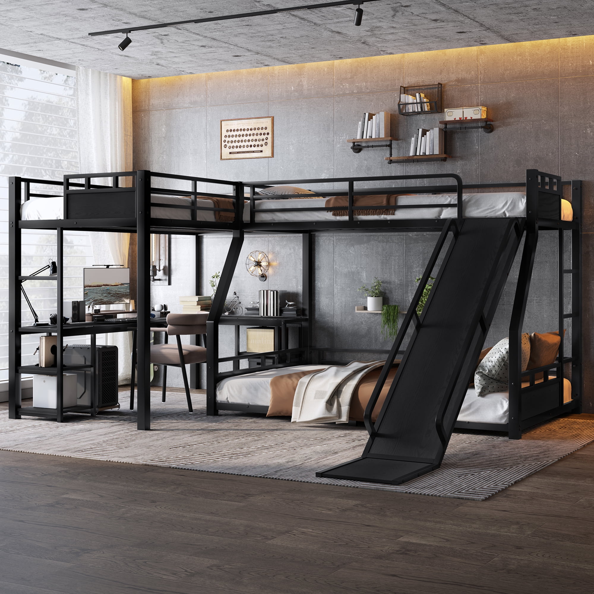 L-Shaped Metal Triple Bunk Bed (Top: Twin, Bottom: Full + Twin Loft Bed ...