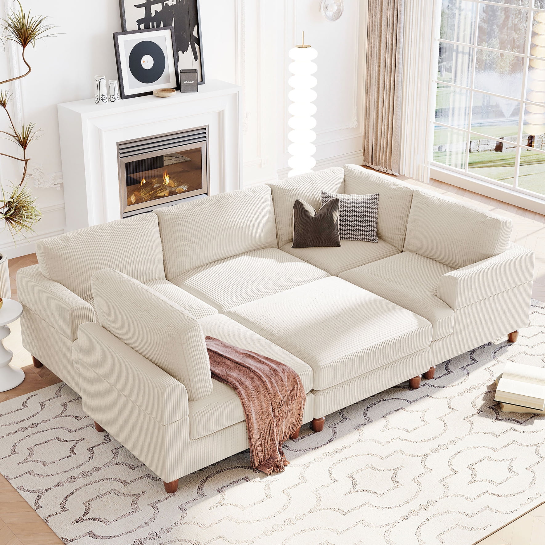 L-Shaped Modular Sectional Sofa with Ottoman: 6-Seat Corduroy Fabric ...