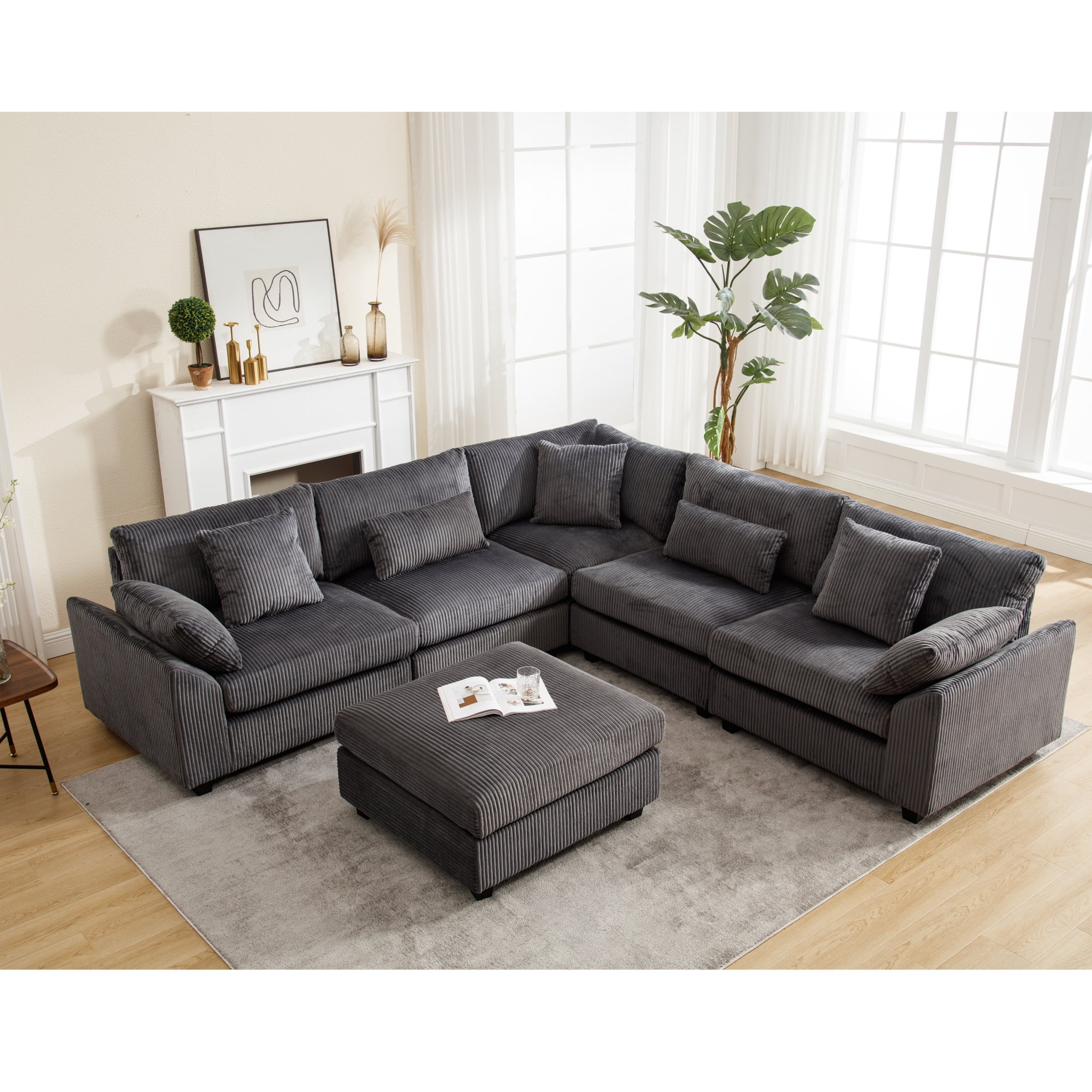 L Shaped Modular Sectional Sofa Set with Movable Ottoman, Free ...