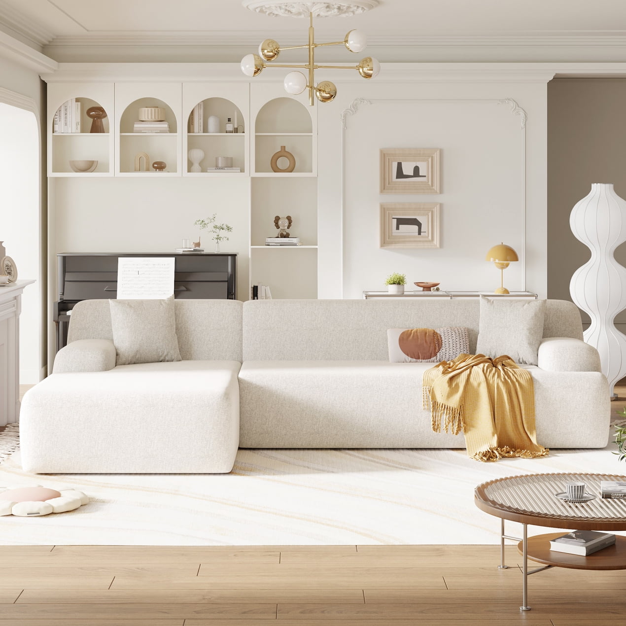 L-Shaped Modular Sectional Sofa with Deep Seat, Beige Chenille Fabric ...