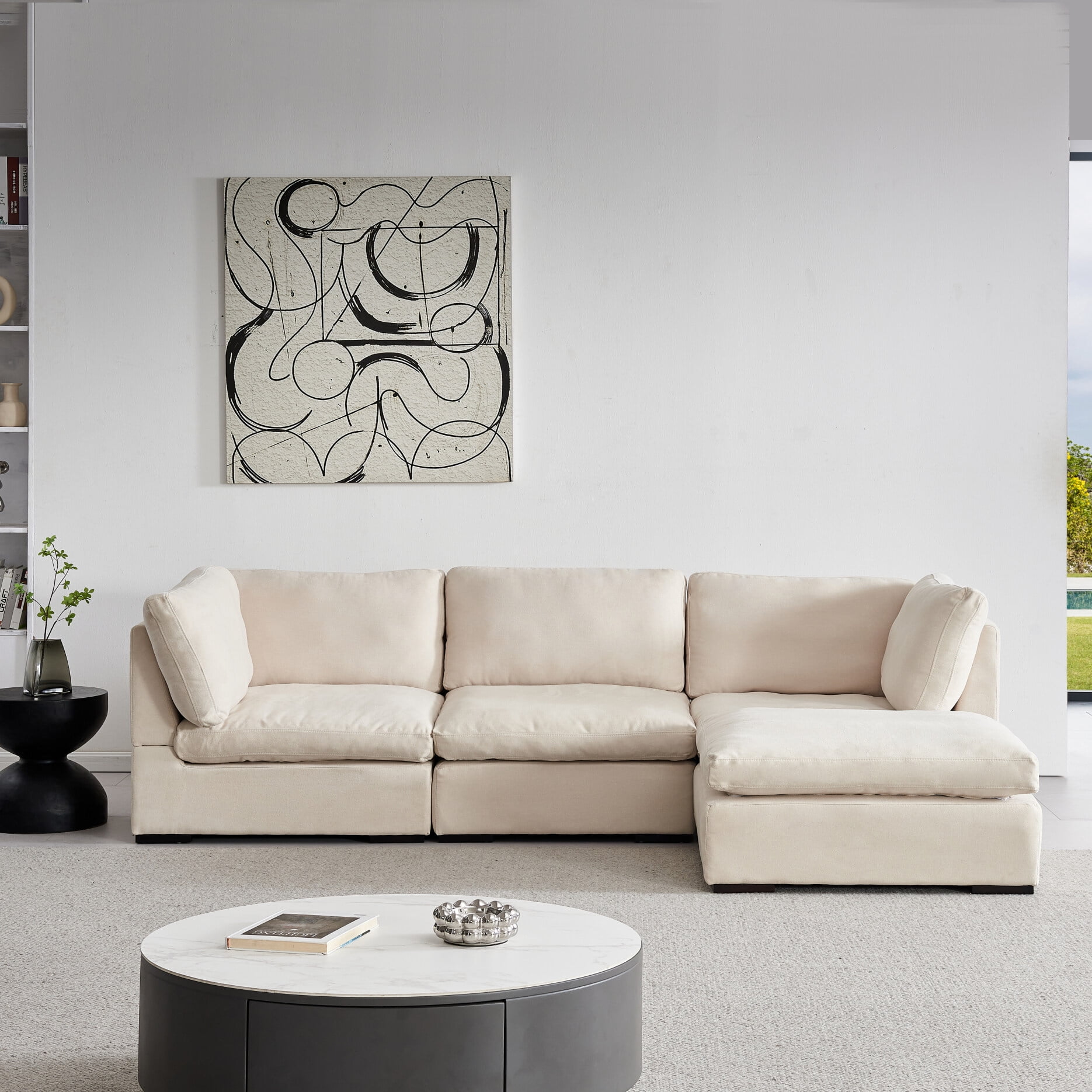 L-Shaped Modular Sofa with Three Single Seat+One Ottoman, Soft Fabric ...