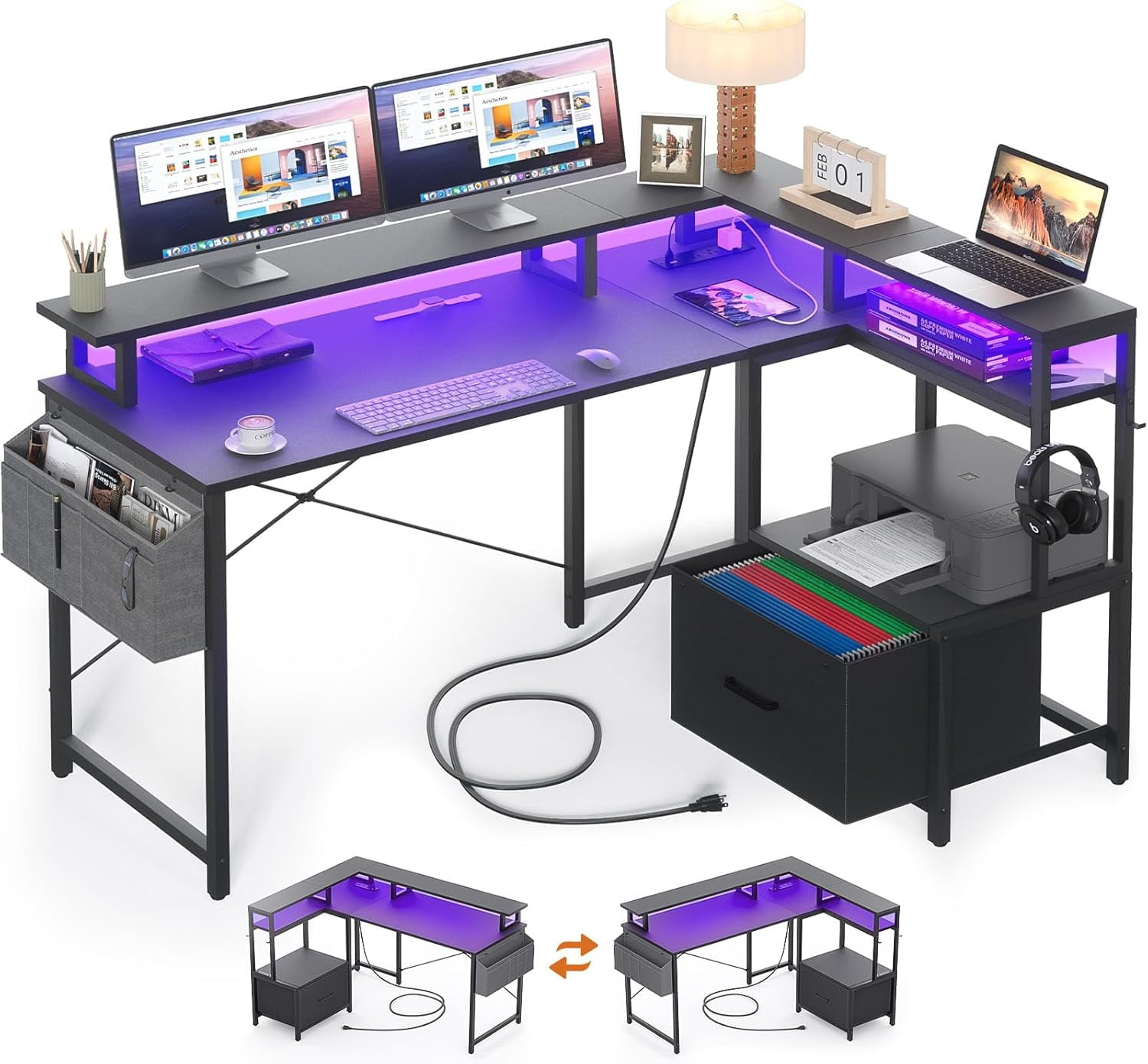 L Shaped Office Computer Desk with File Drawer Cabinet, 48 Inch Gaming ...