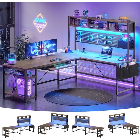 L-Shaped Office Desk, 94.5 Inch with Power Outlet, LED Lights, Keyboard ...