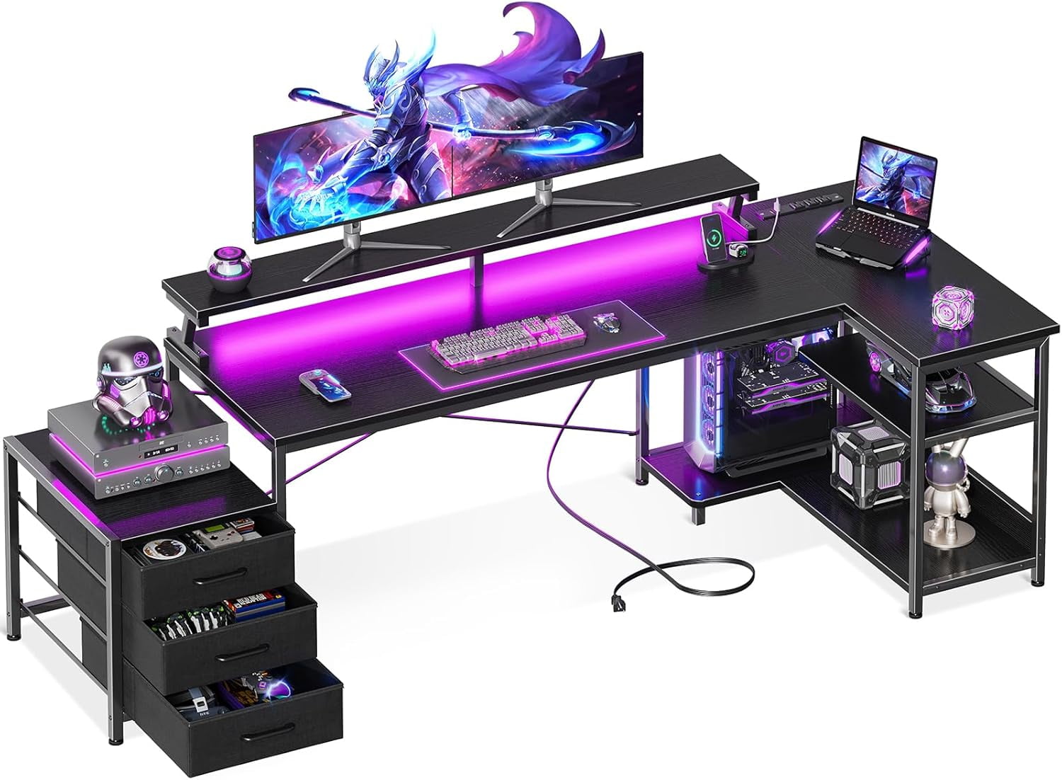 L-Shaped Office Desk with Fabric Drawers - Reversible Computer Desk ...