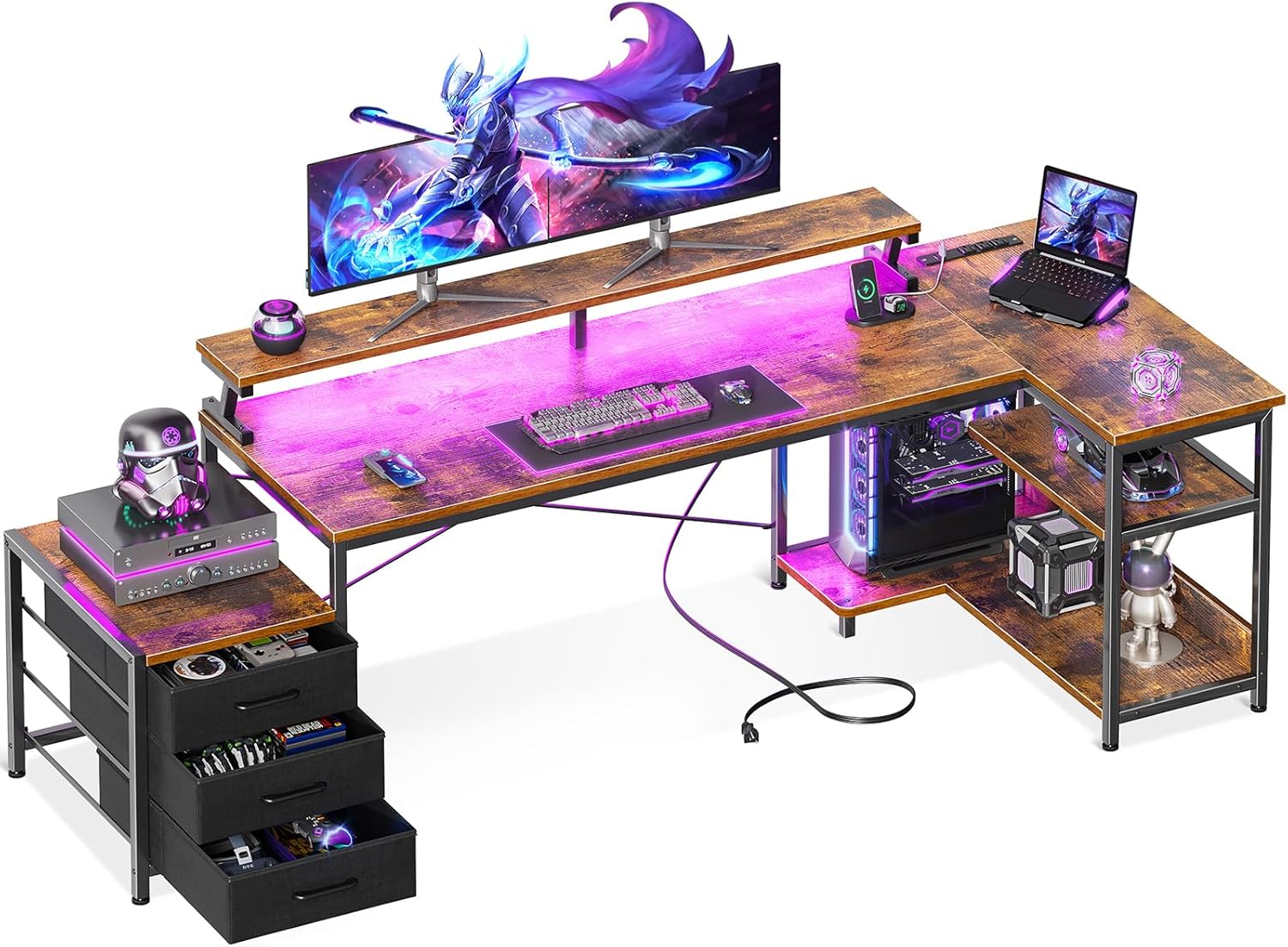 L-Shaped Office Desk with Fabric Drawers - Reversible Computer Desk ...