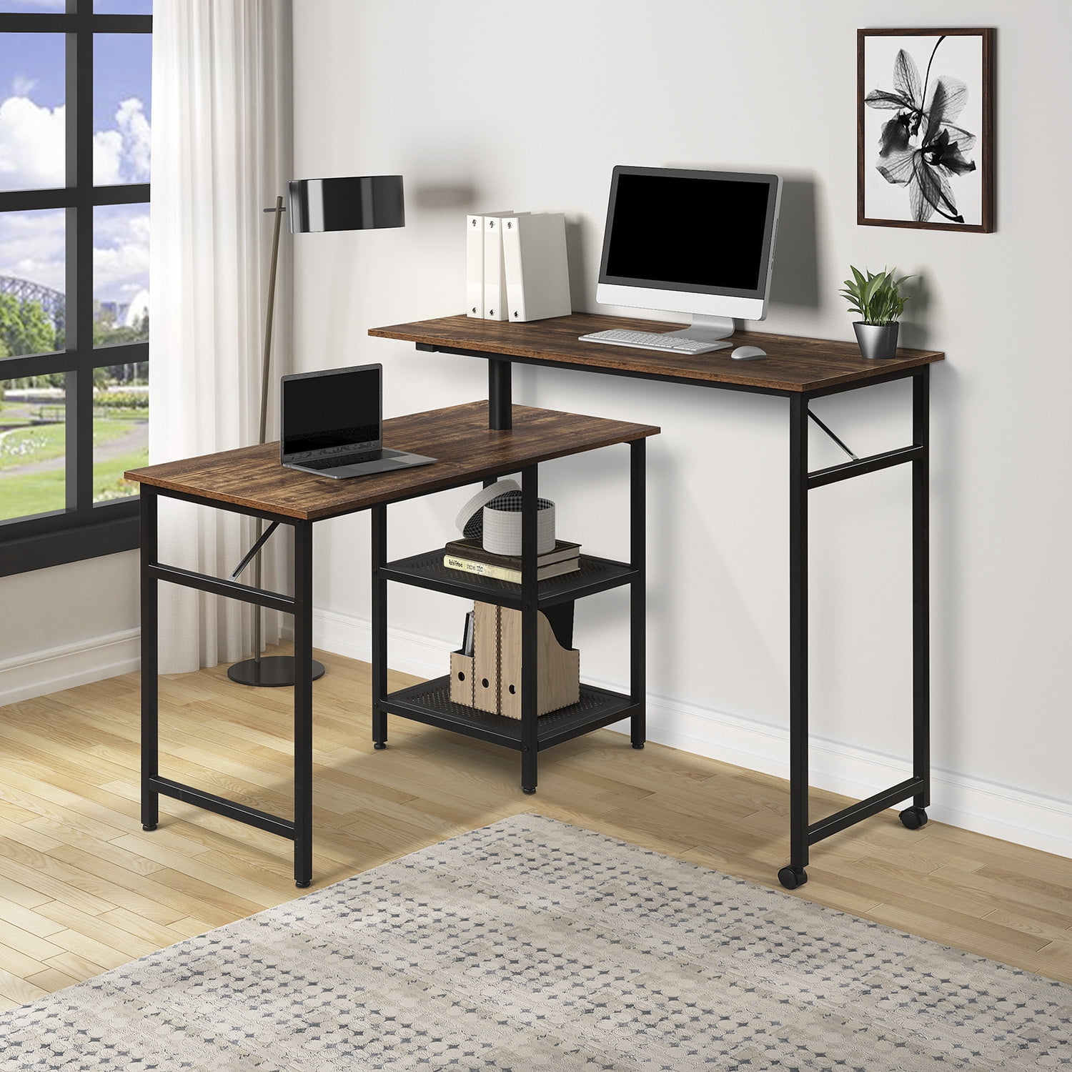 L-Shaped Office Desk, Rotating Standing Computer Desk,with 360 Degrees ...