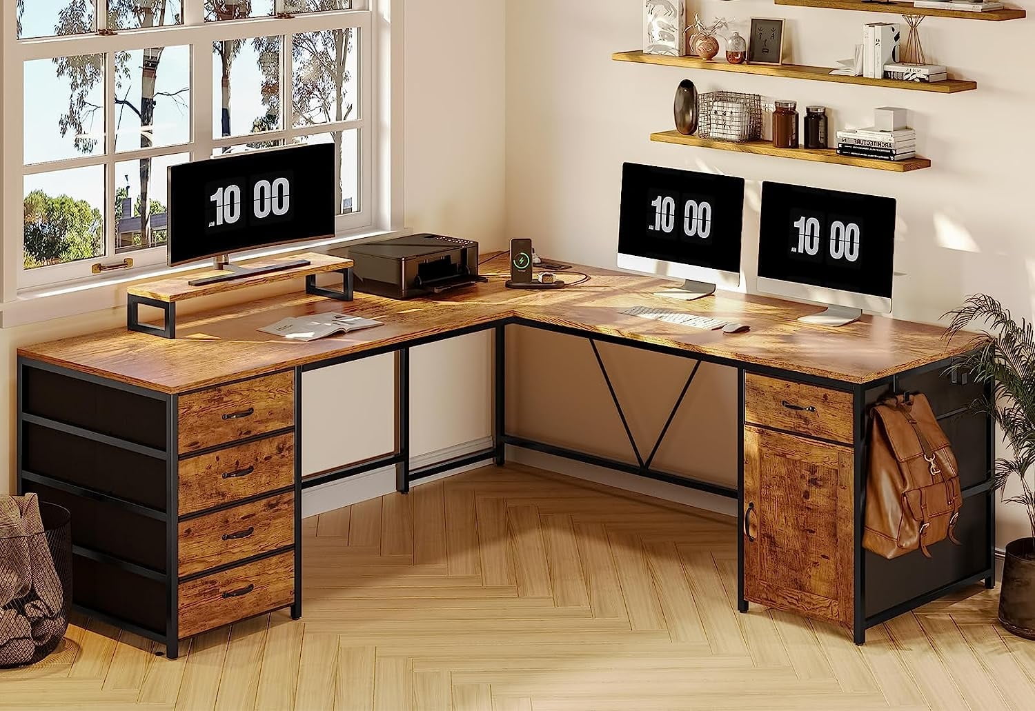 L-Shaped Office Desk with Charging Station Computer Desk with Storage ...