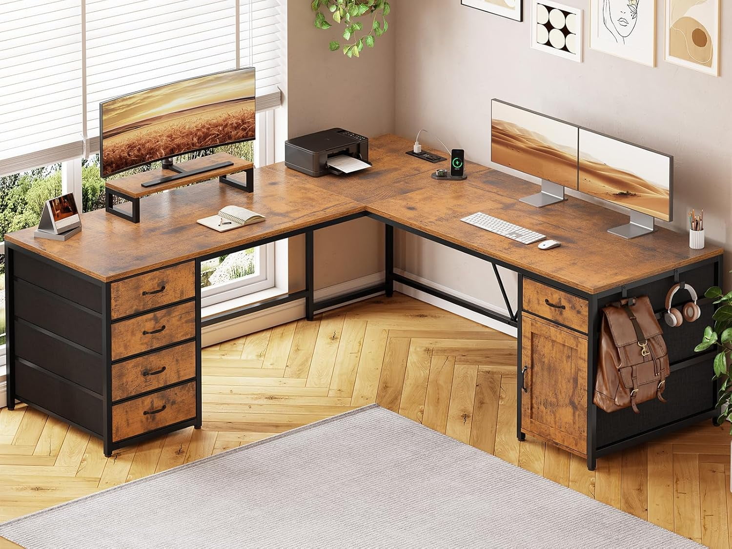 SEDETA L Shaped Desk, 63" Computer Desk with 5 Drawer & Power Outlet ...