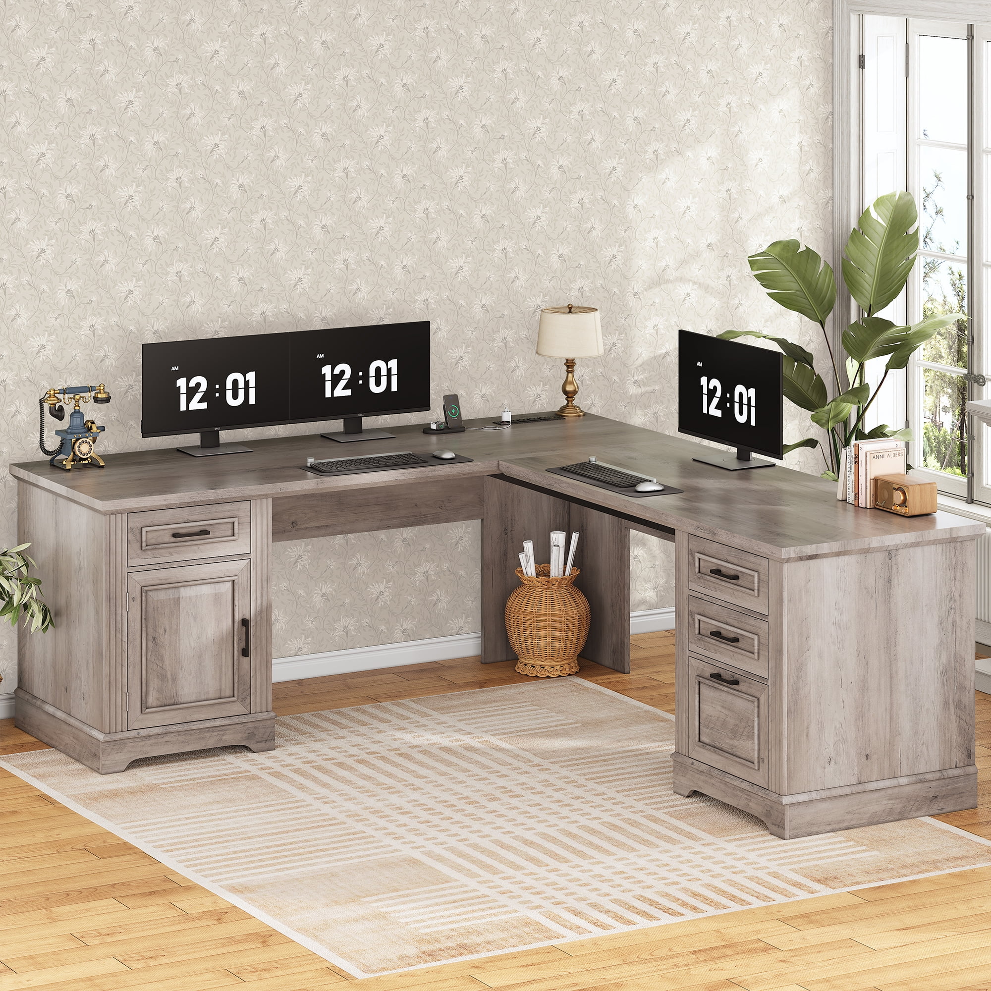 L Shaped Office Desk with Large Workspace & Charging Station, Computer ...