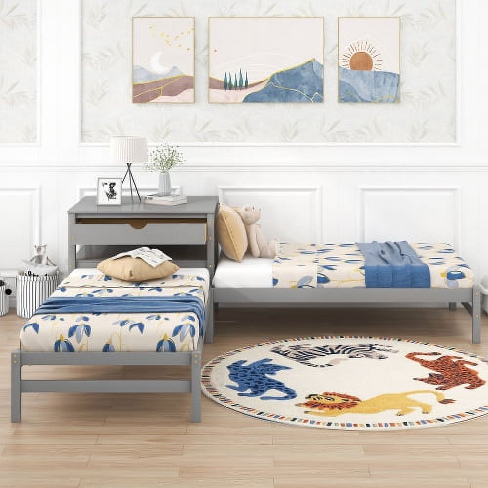 L-Shaped Platform Beds with Stroages Drawer, Wooden Two Twin Size ...