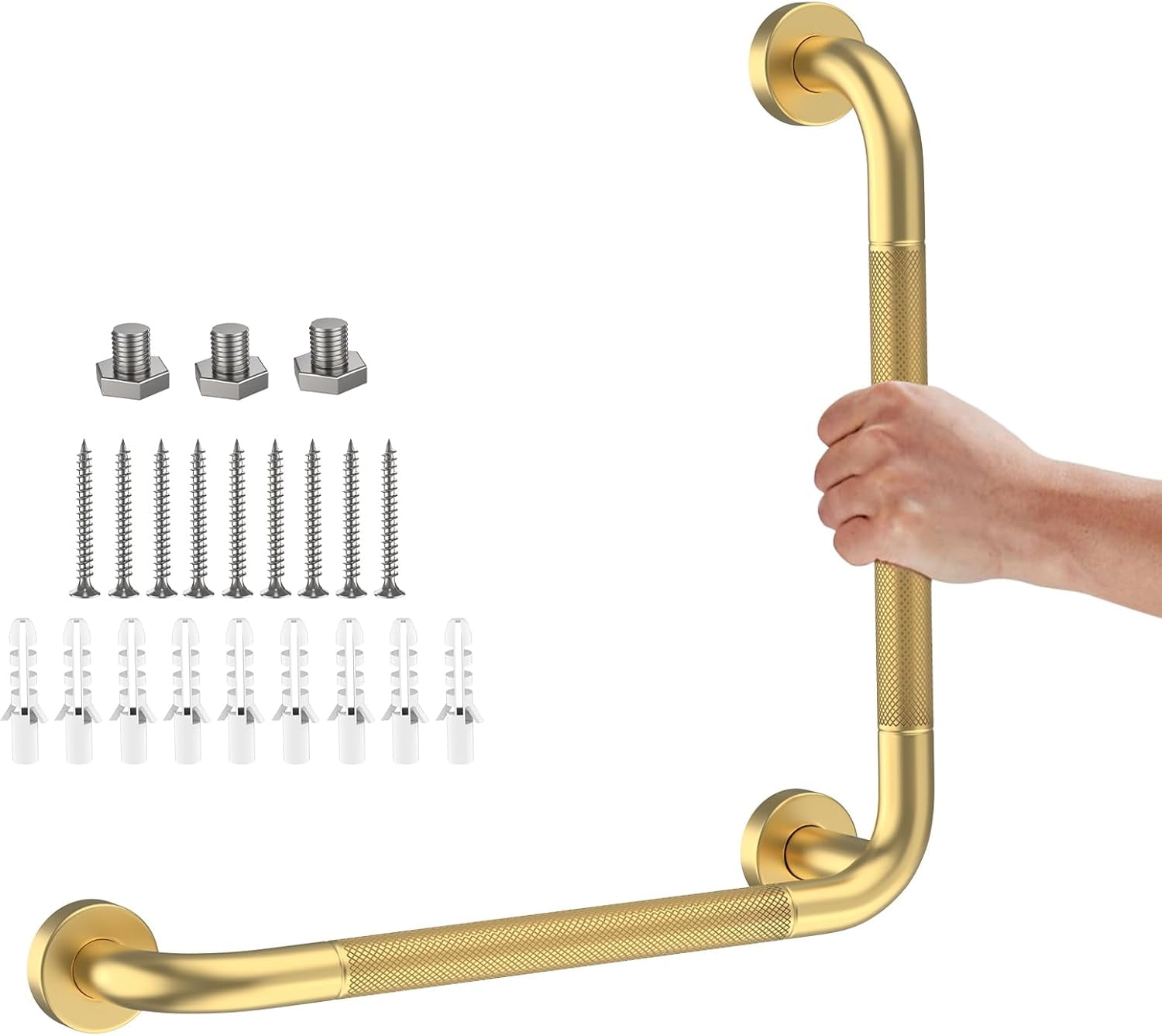 L-Shaped Polished Gold Grab Bar for Shower Angled 16x16 Inch Stainless ...