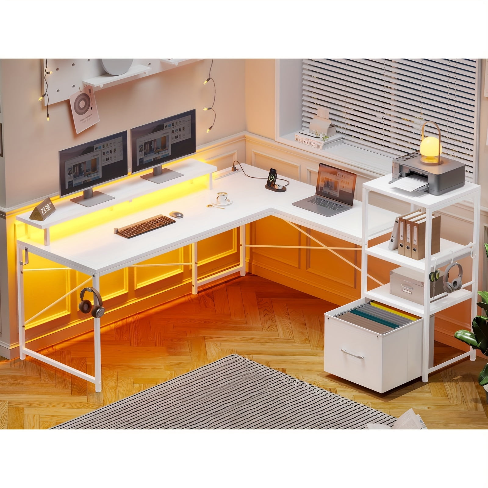 L Shaped Reversible Gaming Desk with LED Lights & Power Strips, Monitor ...