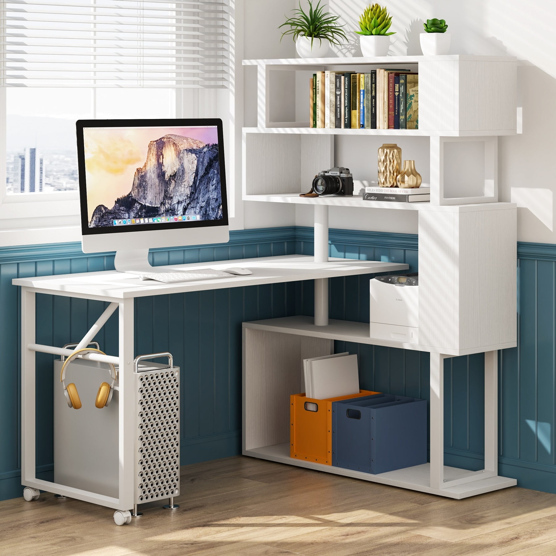 L-Shaped Rotating Computer Desk with 5 Shelves Bookshelf White ...