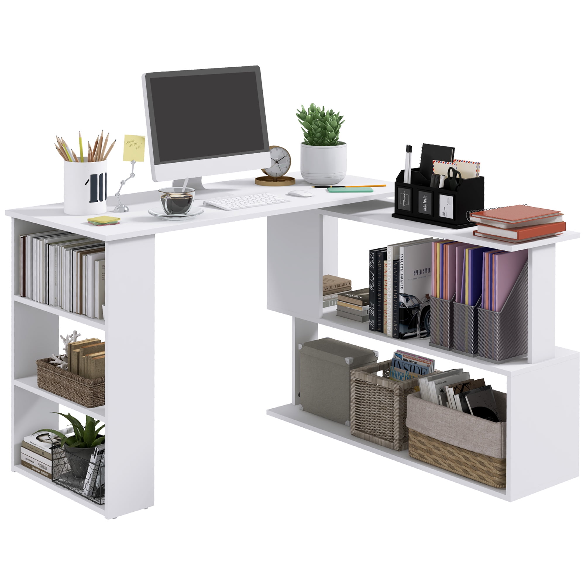 L-Shaped Rotating Corner Desk with Shelves - Space Saving Home Office ...