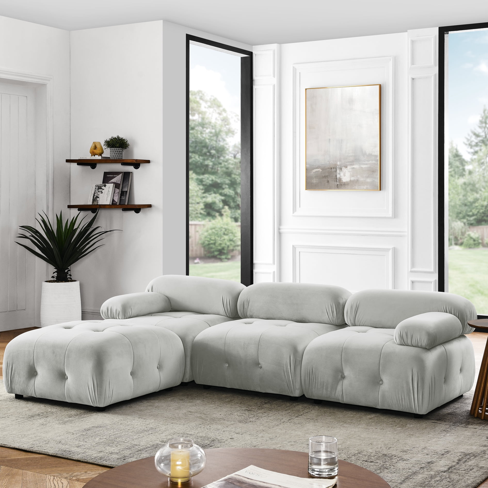 L Shaped Sectional With Button Detailing, Grey Velvet, Wood Frame And ...