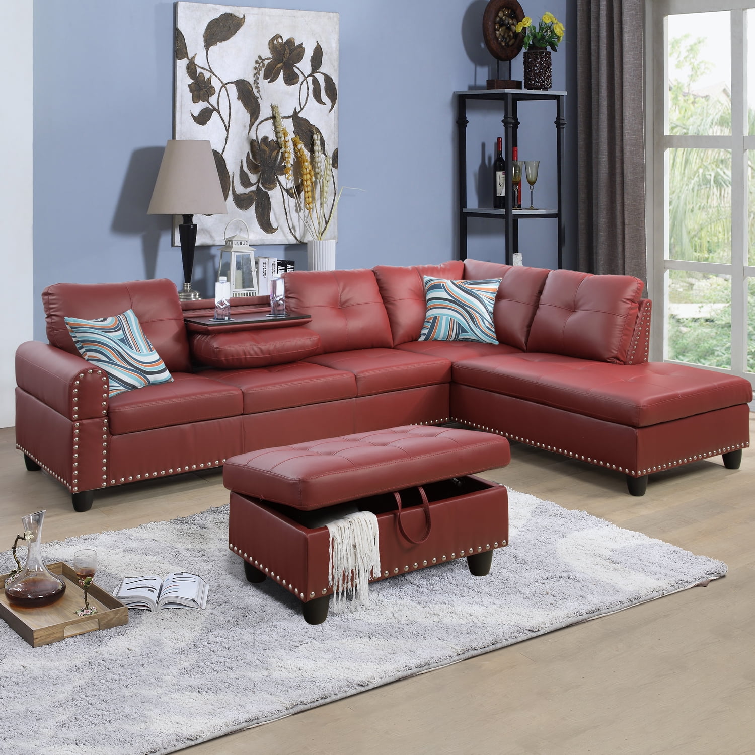 L Shaped Sectional Couch,4-Seat Faux Leather Sofa Sets, Modern Nailhead ...