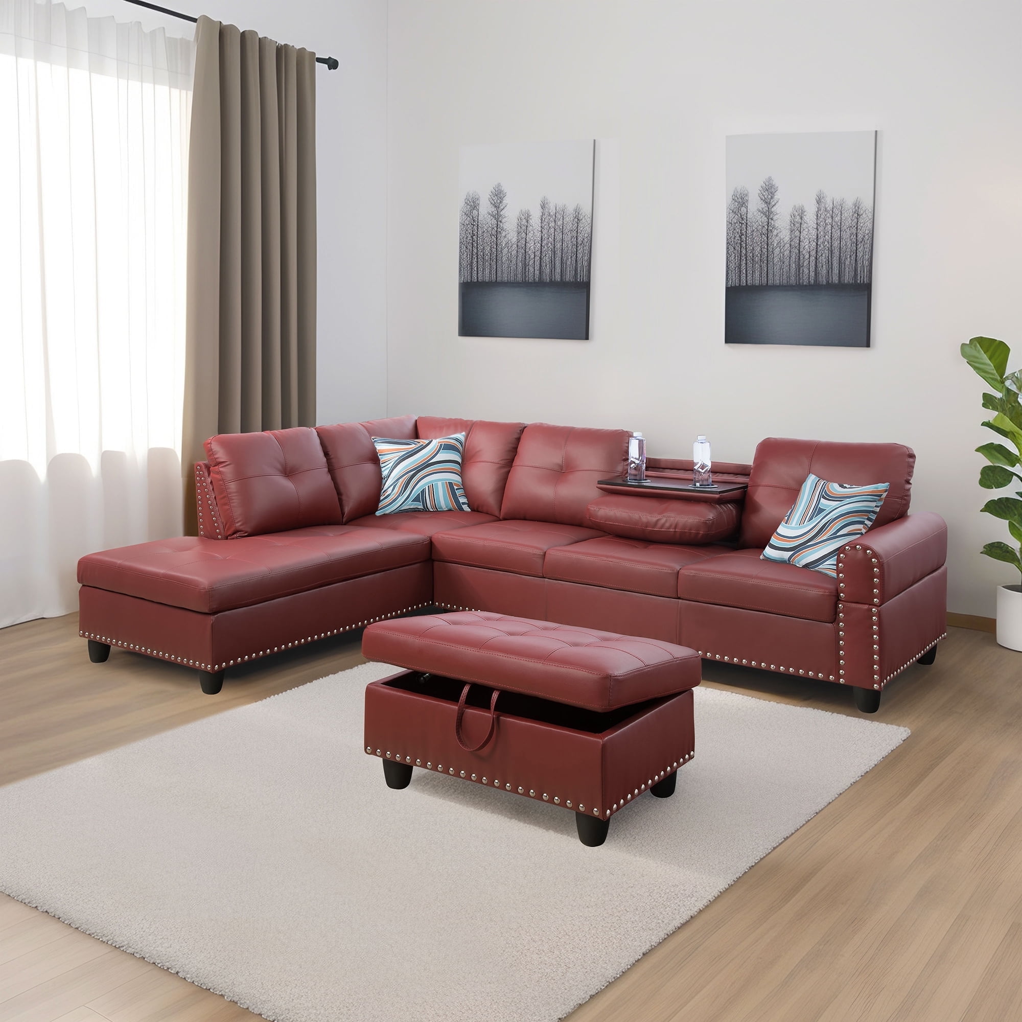 L Shaped Sectional Couch,4-Seat Faux Leather Sofa Sets, Modern Nailhead ...