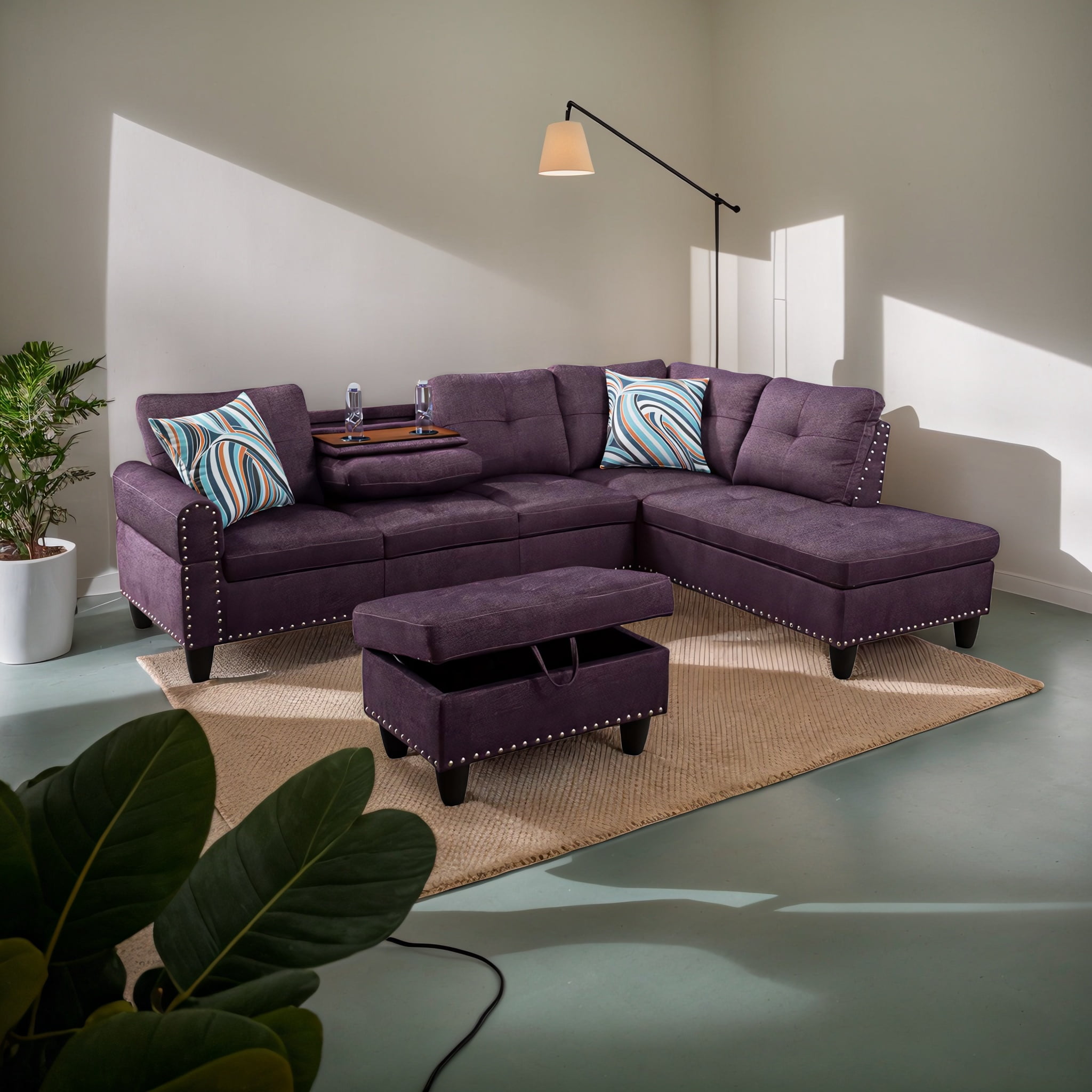 L Shaped Sectional Couch, Modern Nailhead Lounge Sofa, Modular ...
