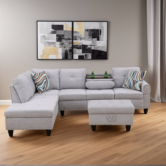 L Shaped Sectional Couch, Modern Nailhead Lounge Sofa, Modular ...