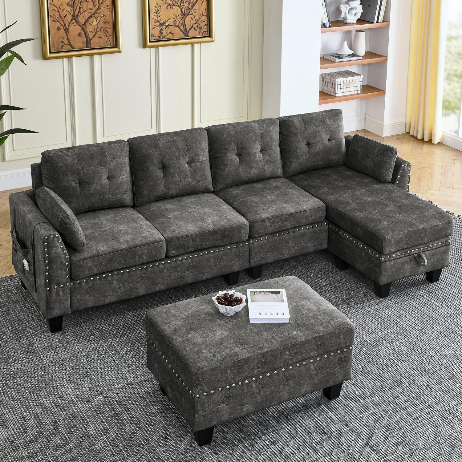 L Shaped Sectional Couch with Storage Ottoman,Chenille Upholstered 5 ...