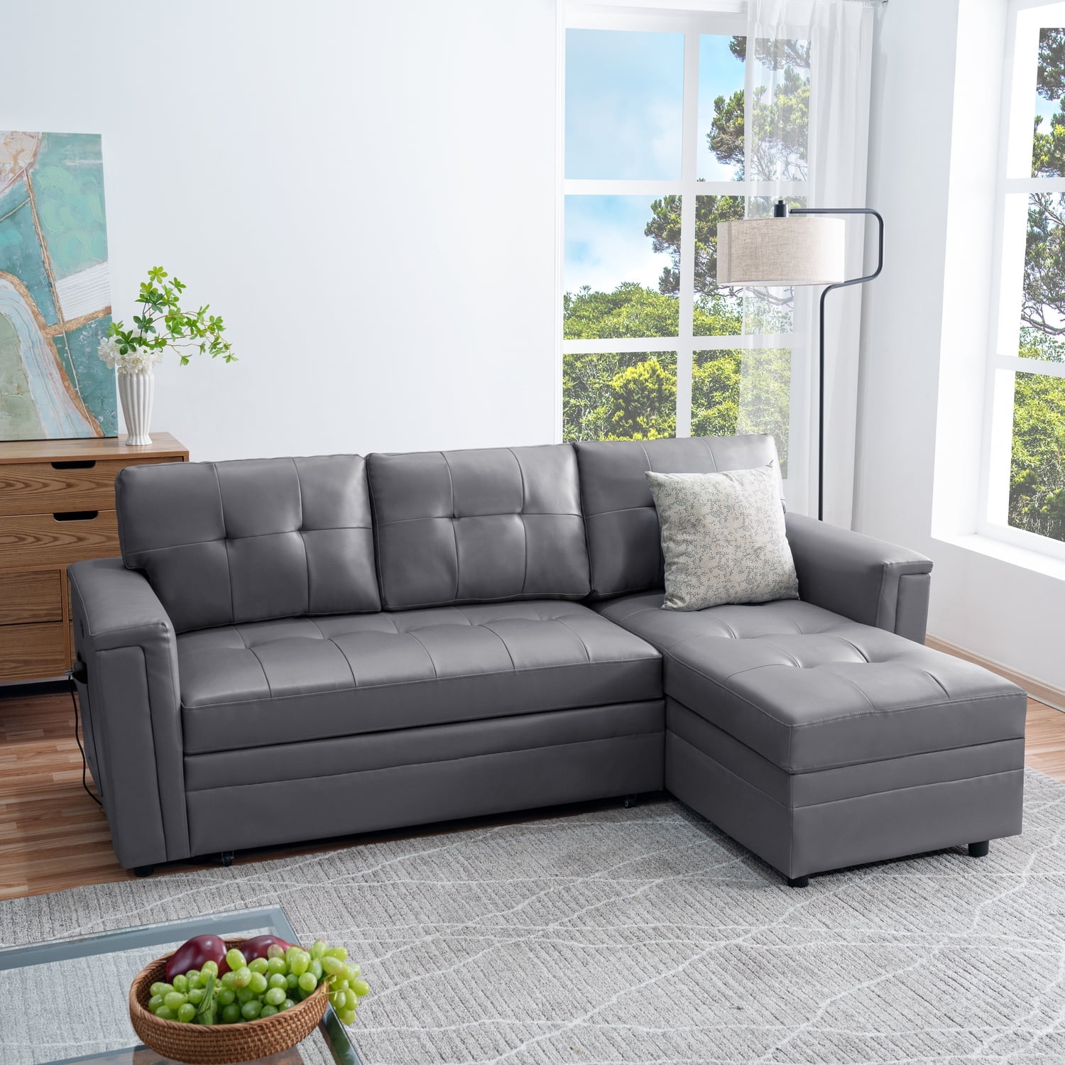 L-Shaped Sectional Sleeper Sofa with Pull-Out Bed, USB Ports, and ...