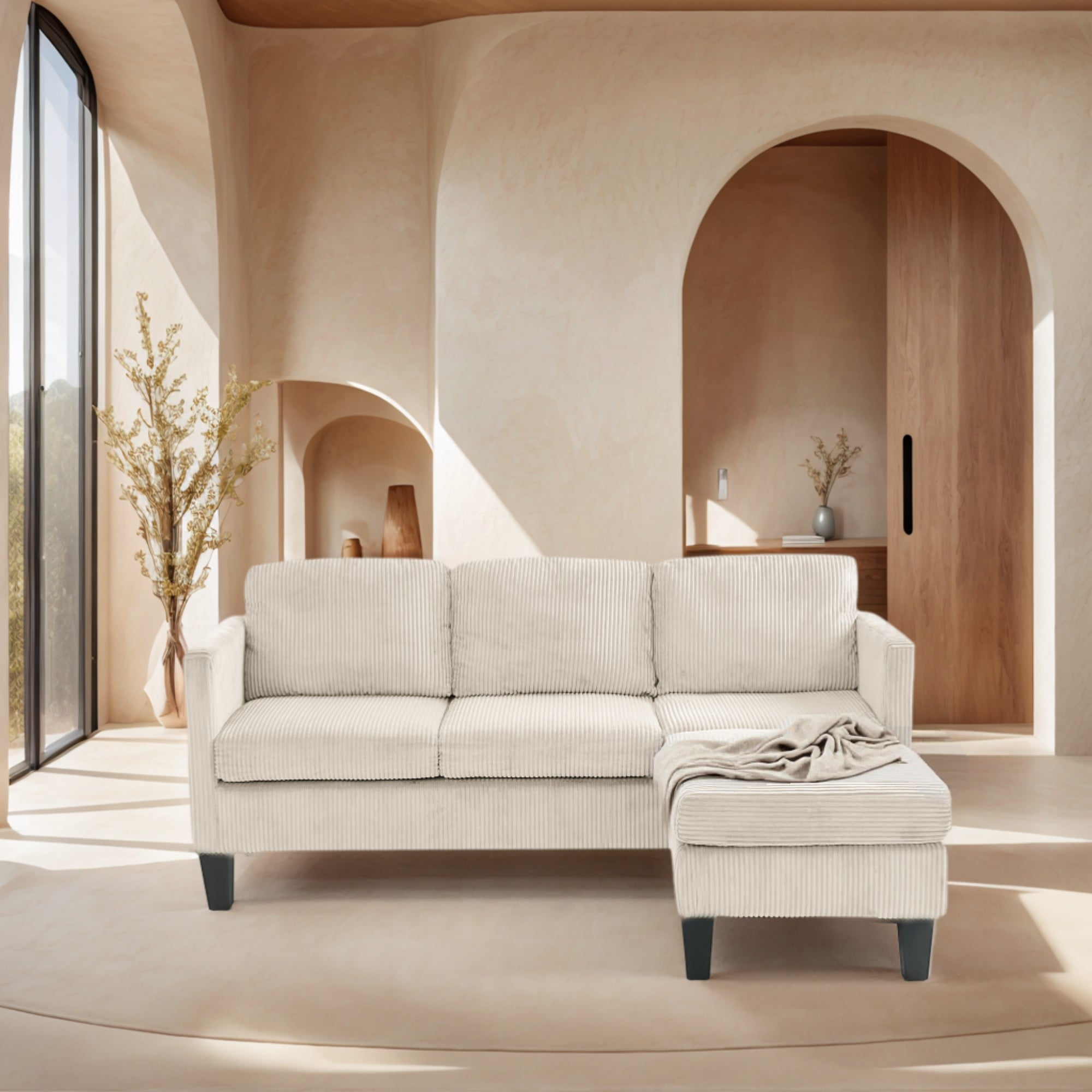 L-Shaped Sectional Sofa,67" Corduroy 3-Seat Small Sofa Couch with ...
