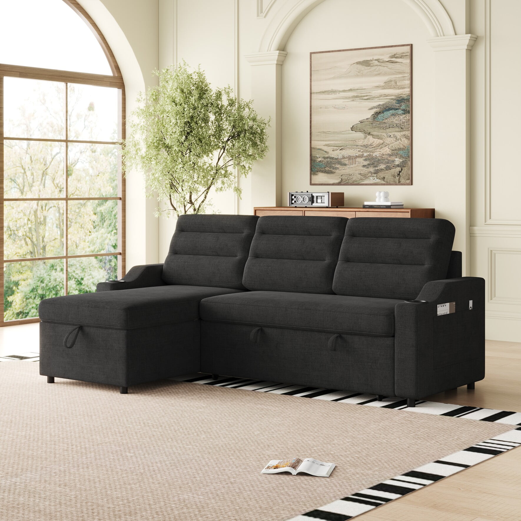 L-Shaped Sectional Sofa,83.5" Convertible Sleeper Combo Sofa, Polyester ...