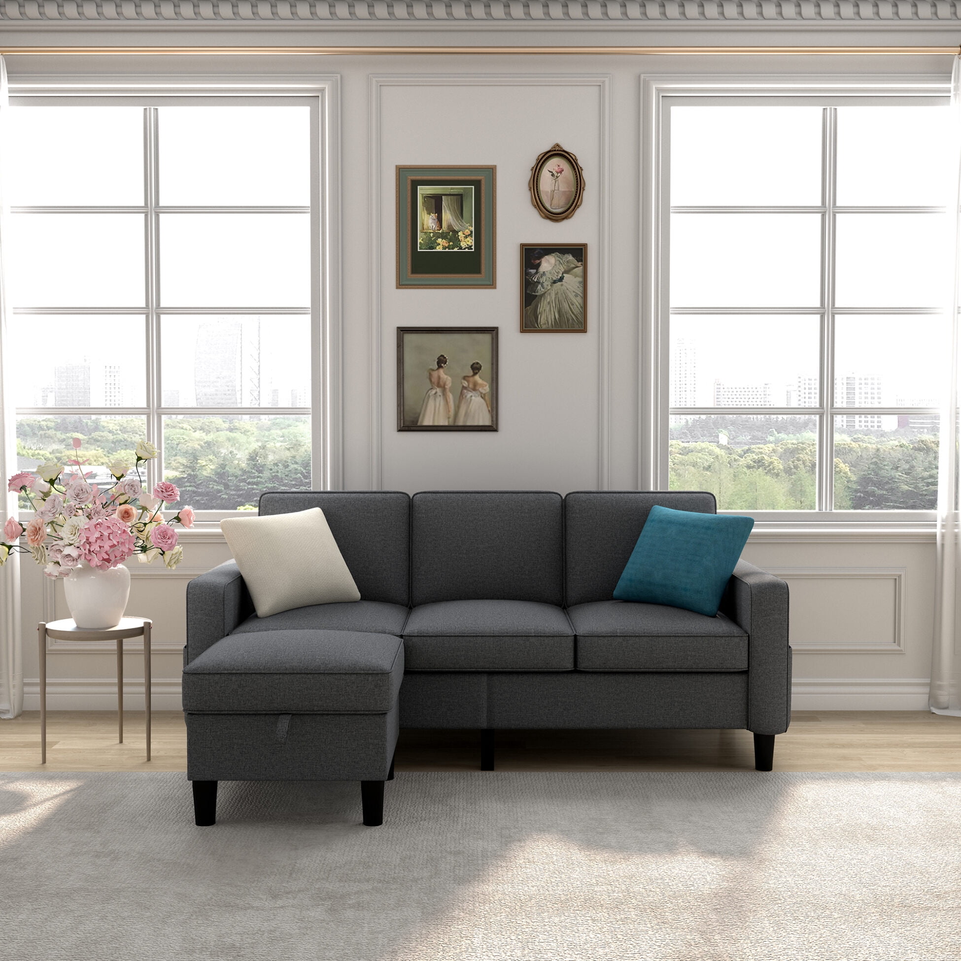 L-Shaped Sectional Sofa with Chaise Lounge, Linen Fabric Upholstered 3 ...