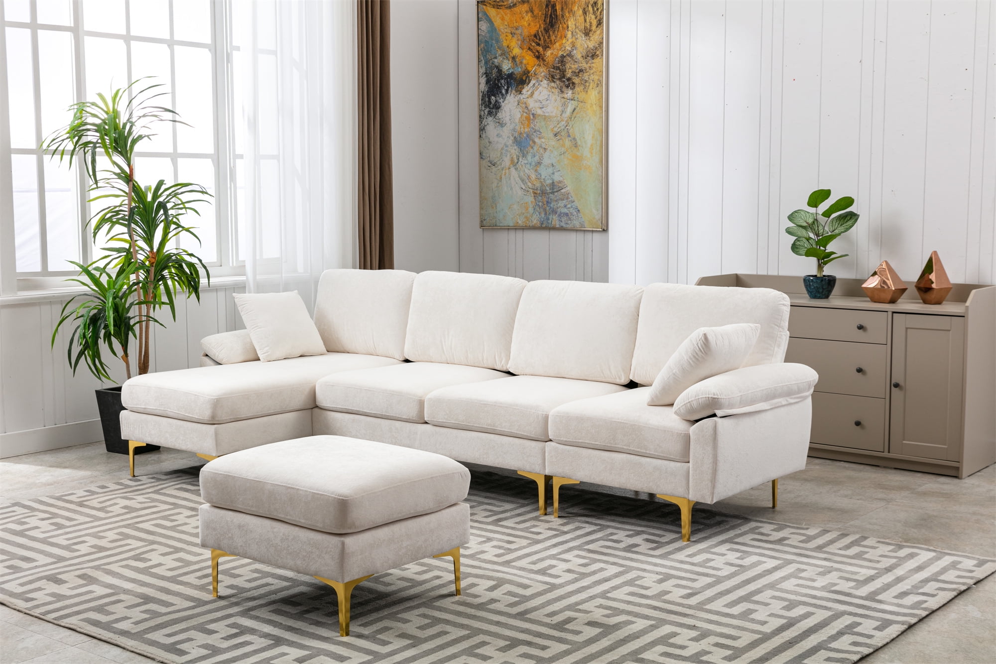 L Shaped Sectional Sofa Couch with Removable Ottoman, Velvet Sectional ...