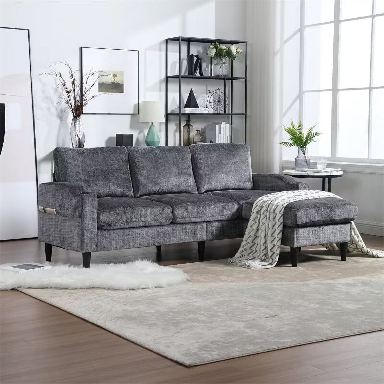 L-Shaped Sectional Sofa Couch Set, 77 Inch Modern Chenille Fabric ...