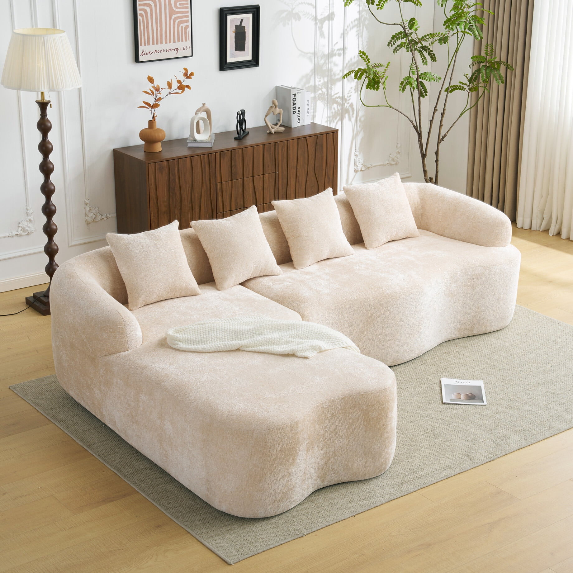 L-Shaped Sectional Sofa with Curved Chaise Lounge, High-Density Foam ...