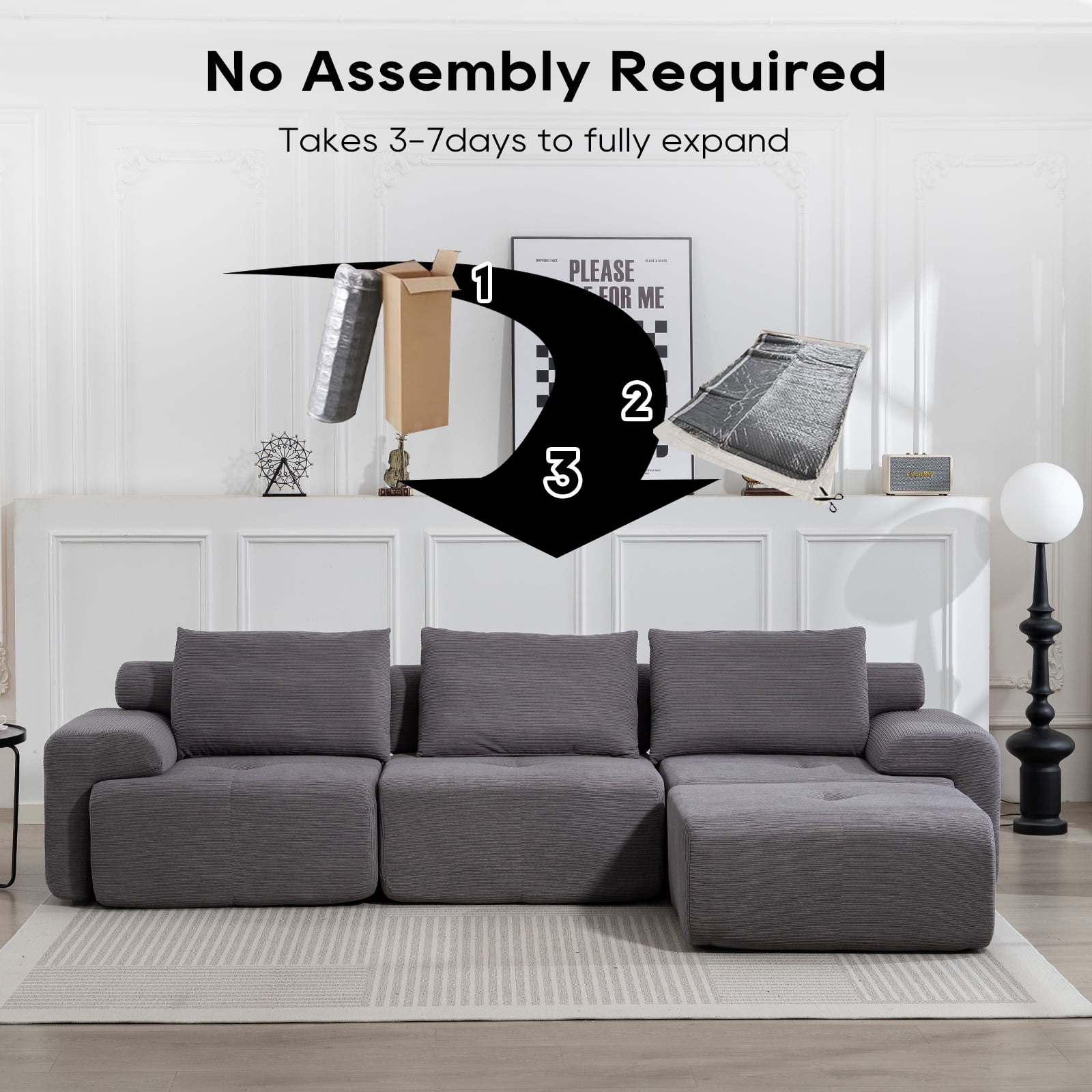 L-Shaped Sectional Sofa with Memory Foam & Steel Frame, No-Assembly ...