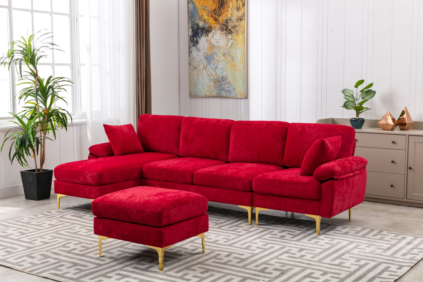 L-Shaped Sectional Sofa with Ottoman, 114 Inch Modern Upholstered ...