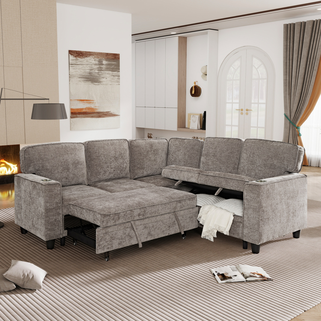 L-Shaped Sectional Sofa with Pull Out Sofa Bed, Sleeper Sofa Couch Bed ...