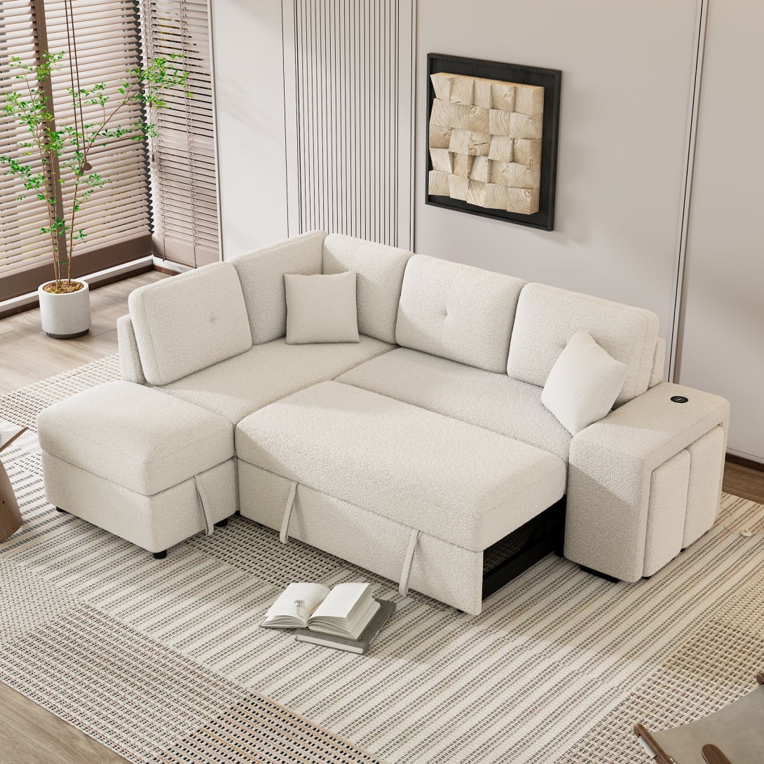 L-Shaped Sleeper Sectional Sofa with Pull Out Bed, Convertible Modular ...