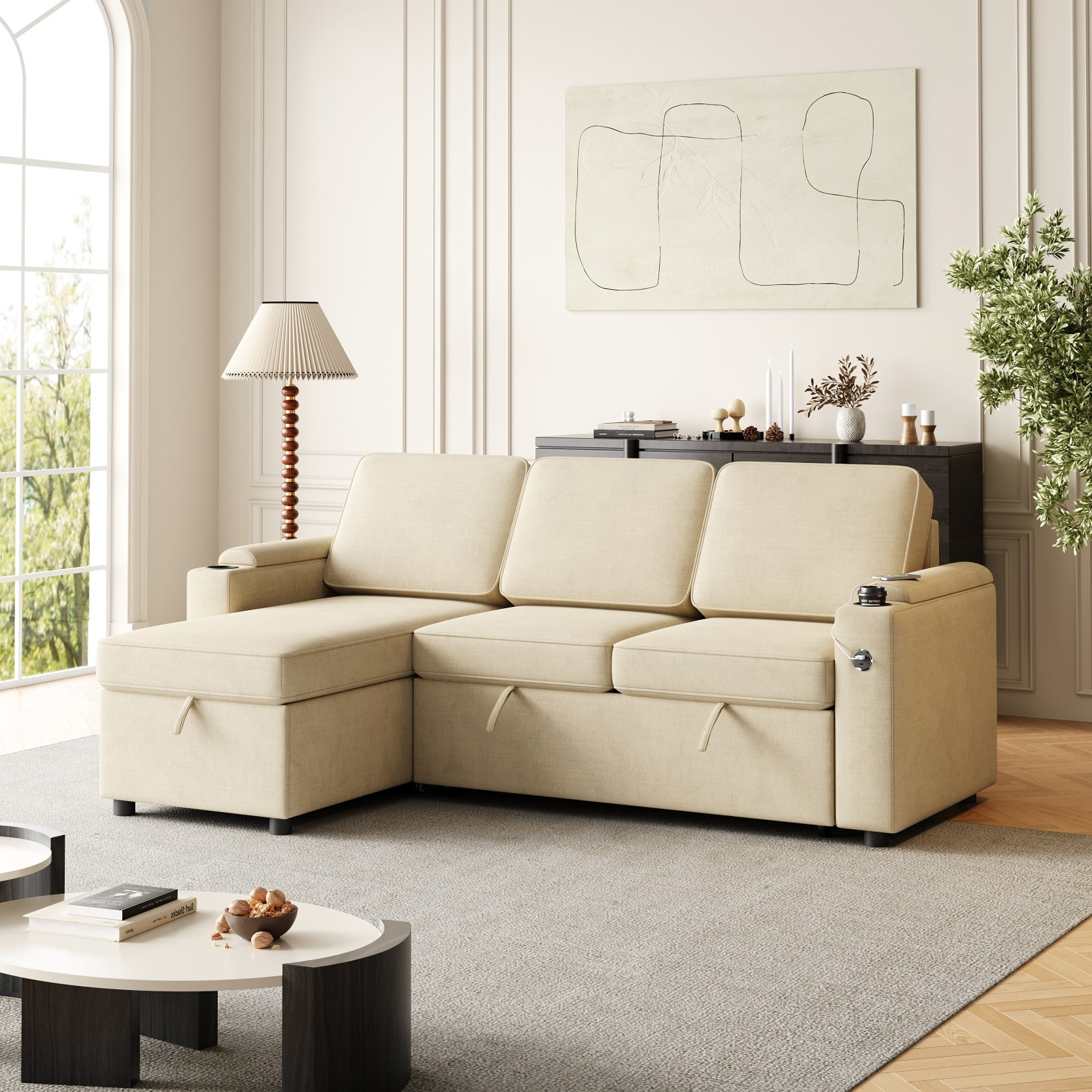 L-Shaped Sleeper Sofa Converts to Full-Size Bed with Storage Ottoman ...