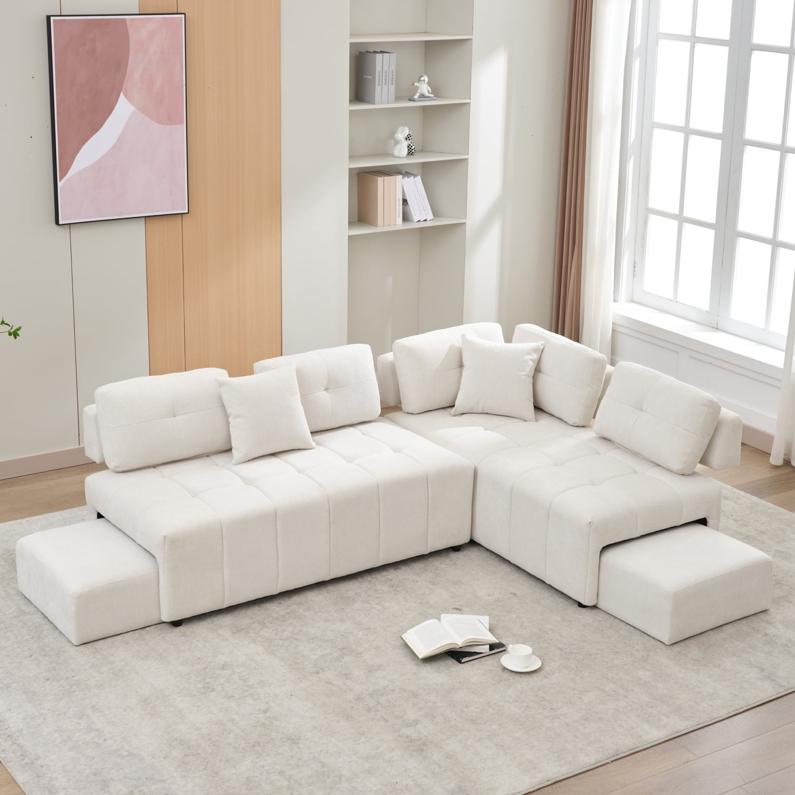 L Shaped Sofa with 2 Hidden Stools, 91.73" Oversized Curved Sofa with ...