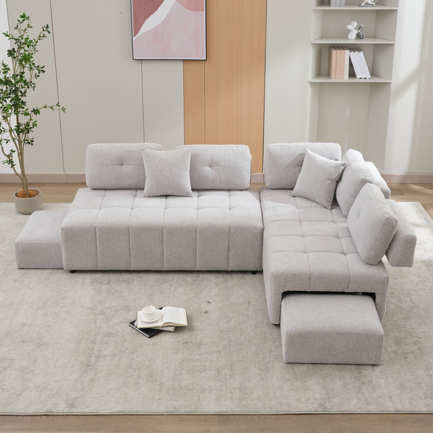 L Shaped Sofa with 2 Hidden Stools, 91.73" Oversized Curved Sofa with ...
