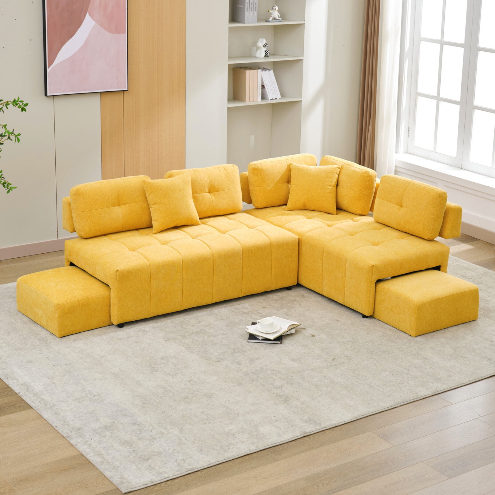 L Shaped Sofa with 2 Hidden Stools, 91.73" Oversized Curved Sofa with ...